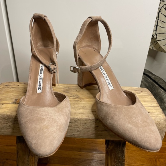 Manolo Blahnik | Shoes | Manolo Blahnik Lausam Block Heel Suede Taupe ...